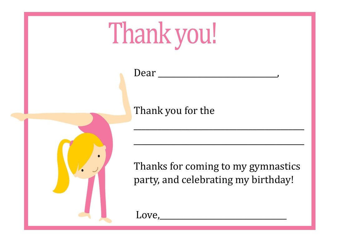 Gymnastics Thank You Card Gymnastics Theme Digital File You Print ...