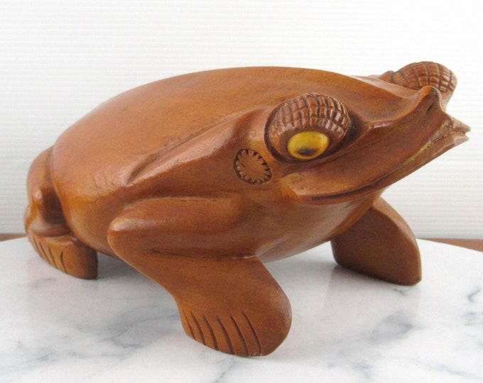 Vintage Hand Carved Wooden Frog Figure With Shell Operculum Eyes ...