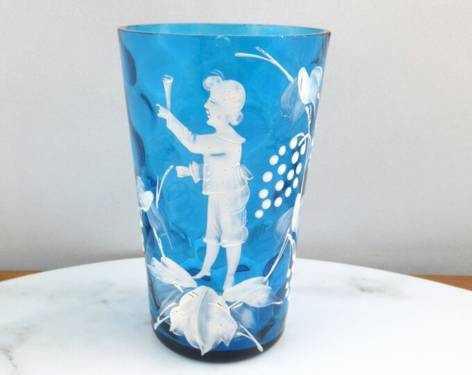 Vintage Mary Gregory Blue Dimple Glass Hand Painted Tumbler, Antique ...
