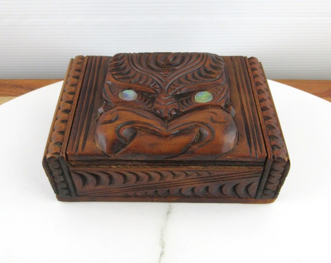 Vintage Wooden New Zealand Tiki Box With Paua Shell Eyes , Hand Carved ...
