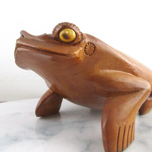 Vintage Hand Carved Wooden Frog Figure With Shell Operculum Eyes ...