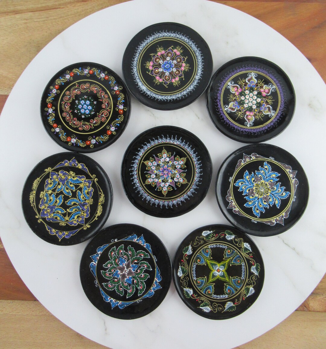Set of 8 Vintage Wooden Black Lacquer Ware Coasters With Hand Painted ...