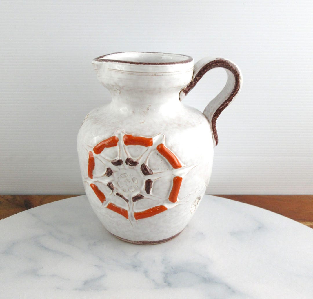 Vintage Mid Century White & Orange Pottery Jug Vase, Italian in Style ...