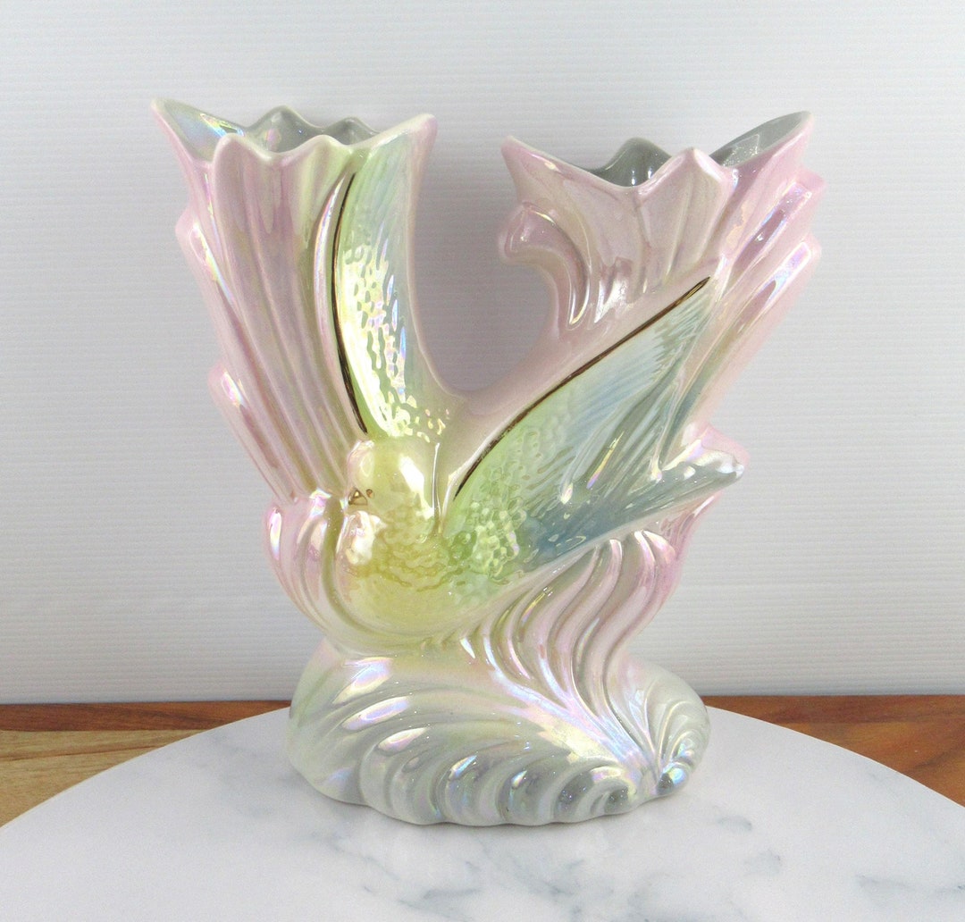 Vintage Australian Pates Pottery Double Vase With Bird Design, Pastel ...