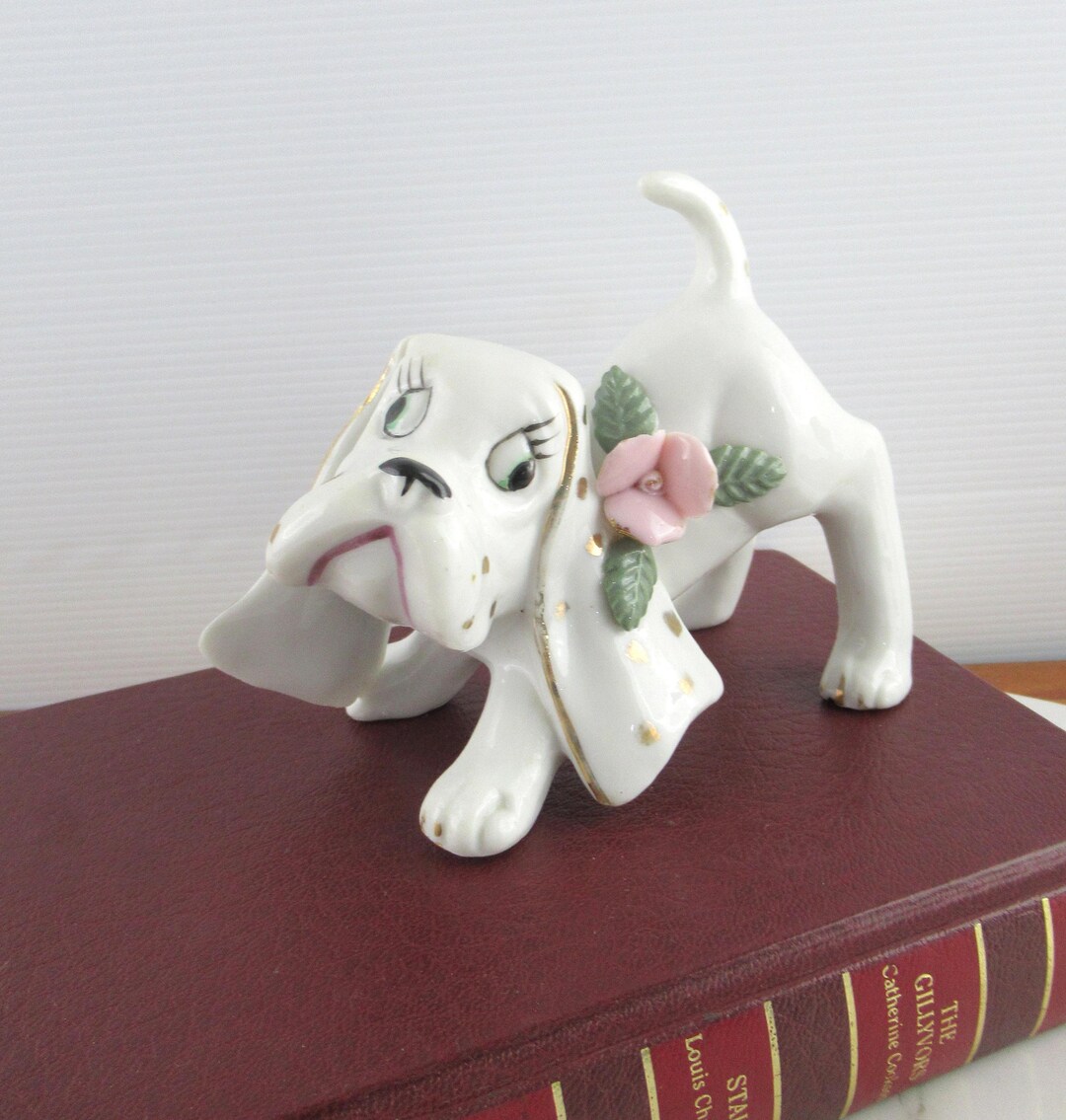 Cute Vintage Kitsch Ceramic Hound Dog Figurine With Pink Flower, Puppy ...