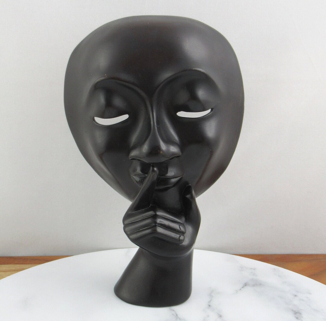 Vintage Black Ceramic Mask Statue , Silence is Golden, Freestanding ...