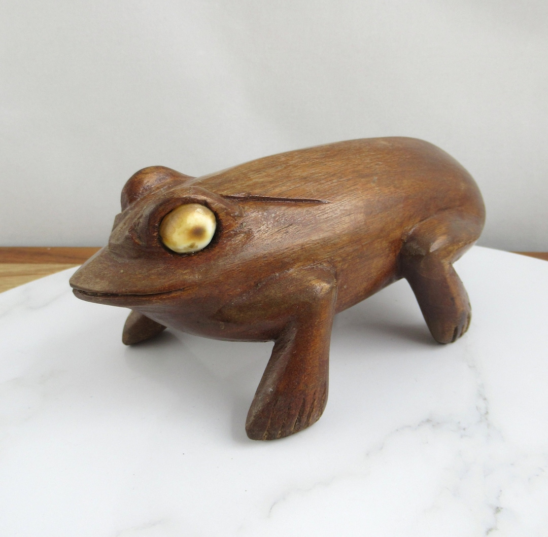 Vintage Hand Carved Wooden Frog Figure With Shell Operculum - Etsy