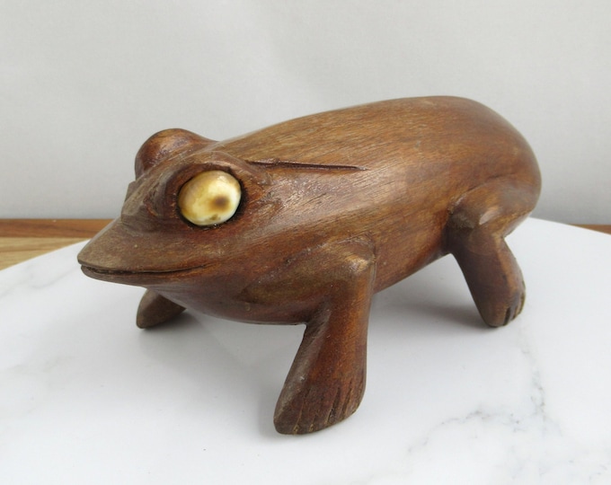 Vintage Hand Carved Wooden Frog Figure With Shell Operculum Eyes ...