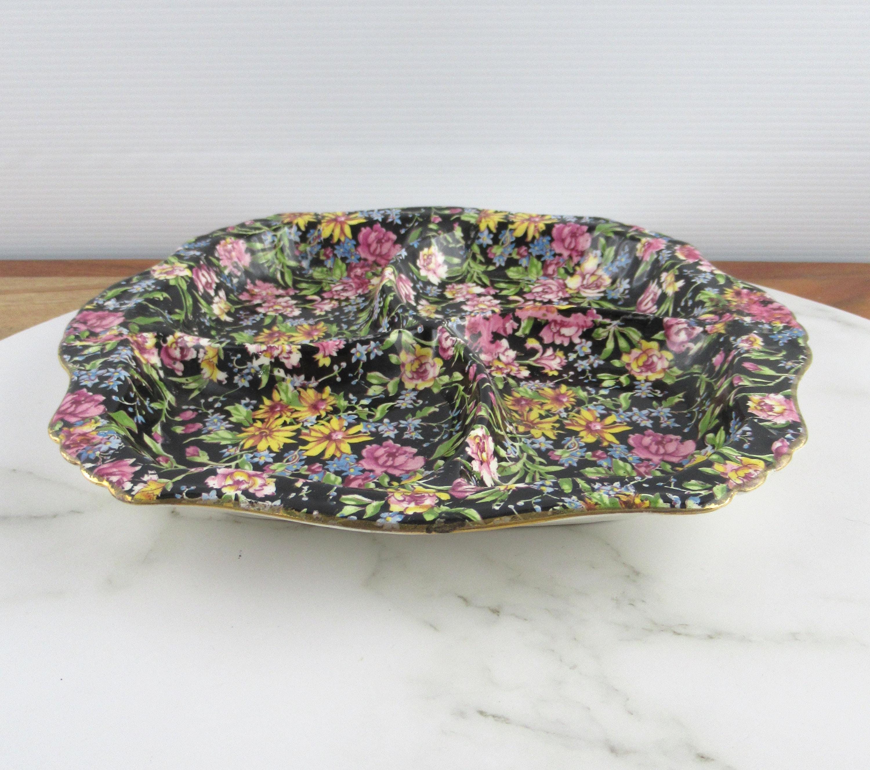Vintage Royal Winton Grimwades Black Floral Chintz Divided Plate Dish ...