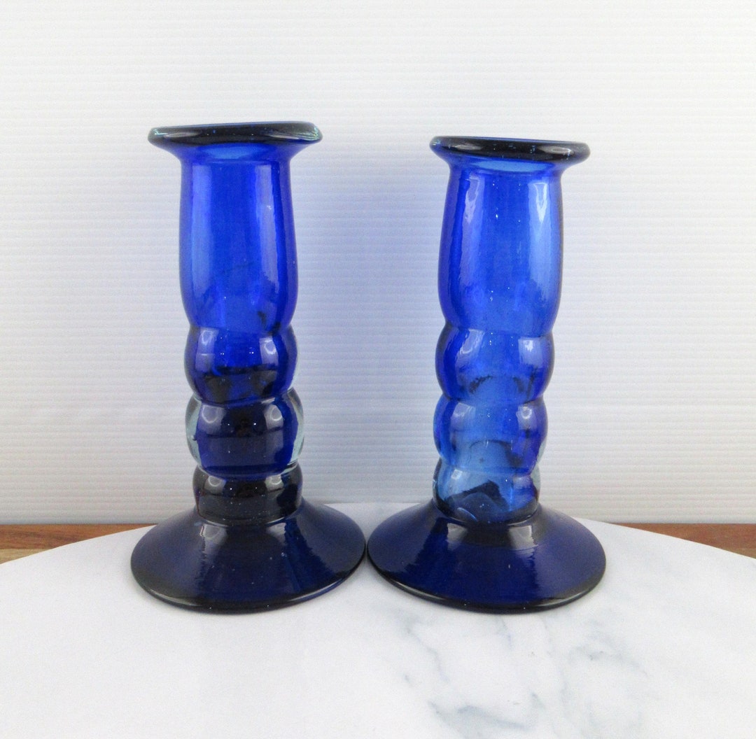 Pair of Vintage Cobalt Blue Hand Blown Glass Candlesticks, Candle ...