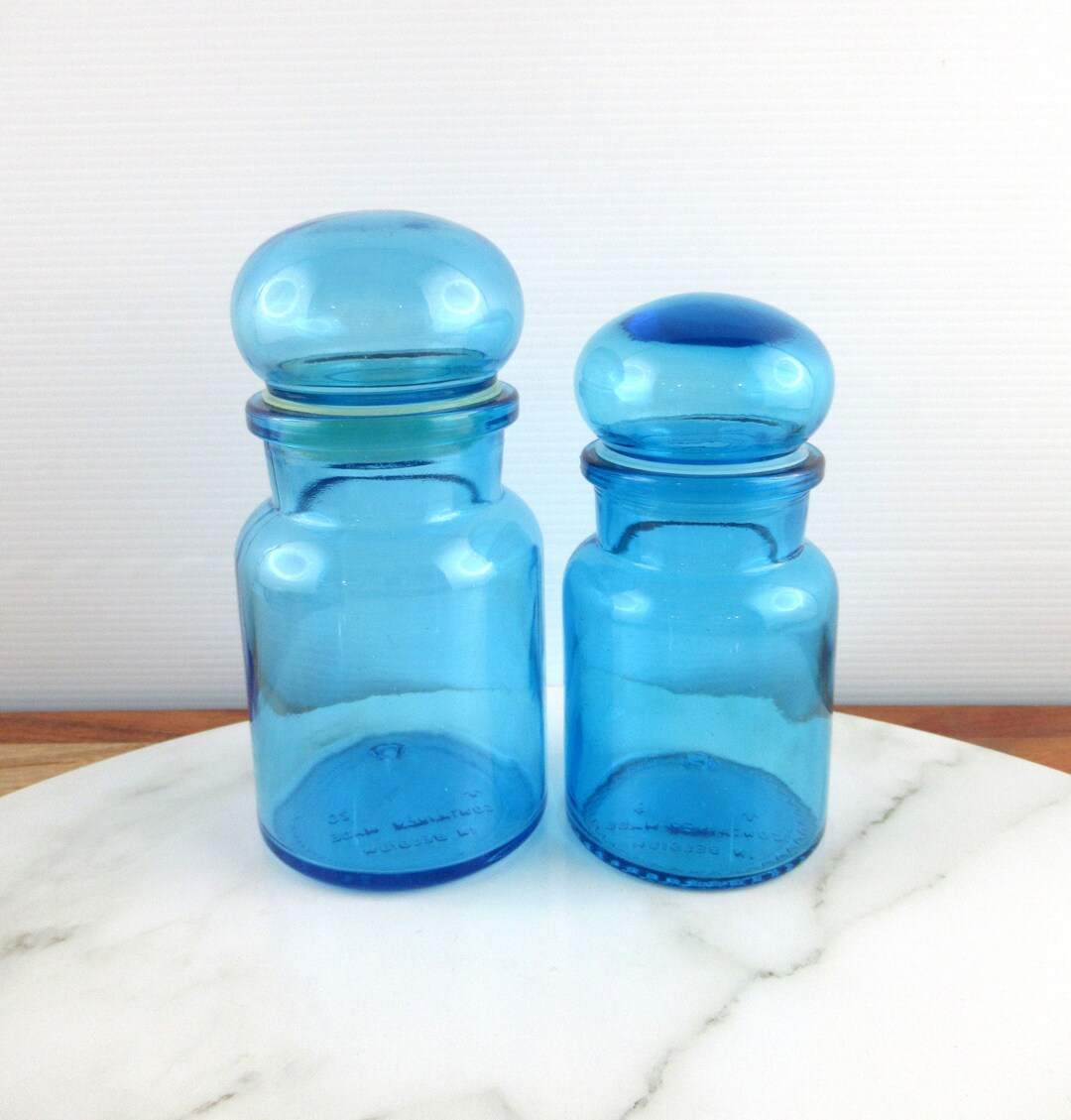 Pair of Small Vintage Blue Glass Storage Jar Canisters With Bubble Top ...