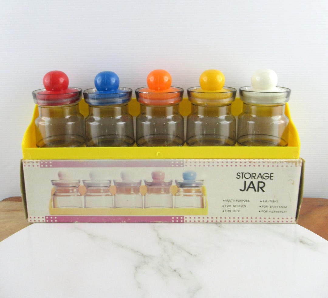 Set of 5 Vintage Plastic Storage Jars With Multi-colored Lids & Yellow ...