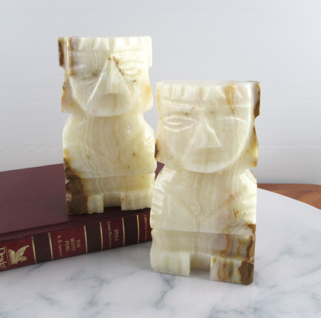 Pair of Vintage Heavy Carved Alabaster Stone Aztec Tiki God Bookends ...