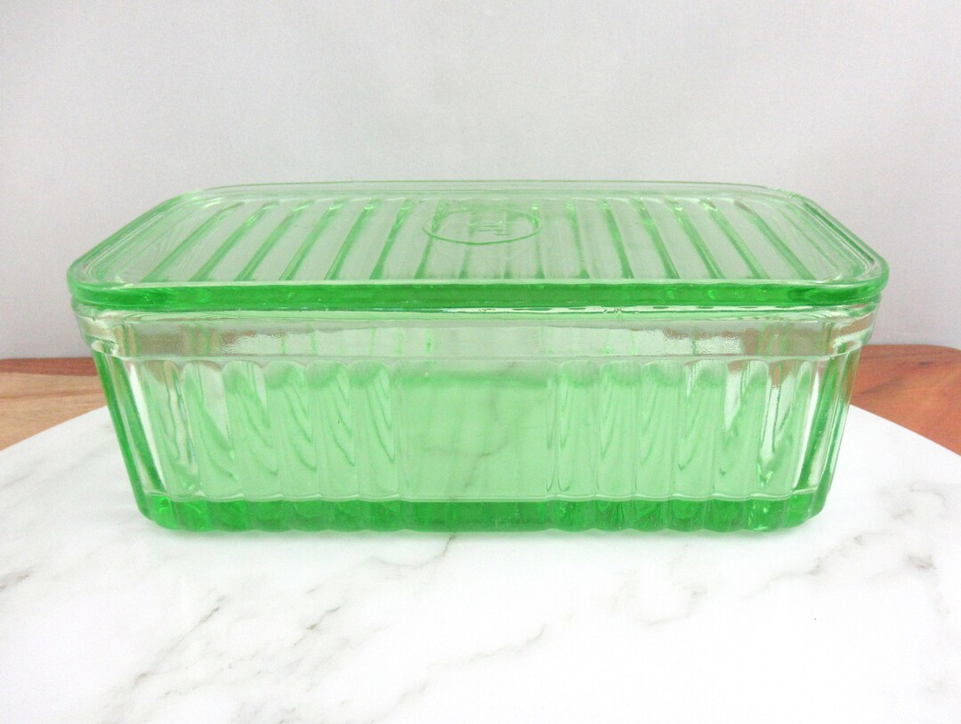 Vintage Art Deco Long Green Depression Glass Refrigerator Dish With Lid ...
