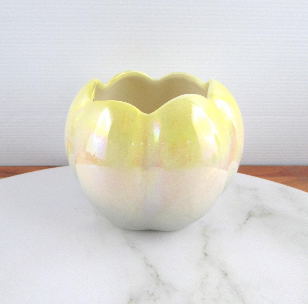 Small Vintage Pale Yellow and Pink Glazed Australian Pottery Lotus Bowl ...