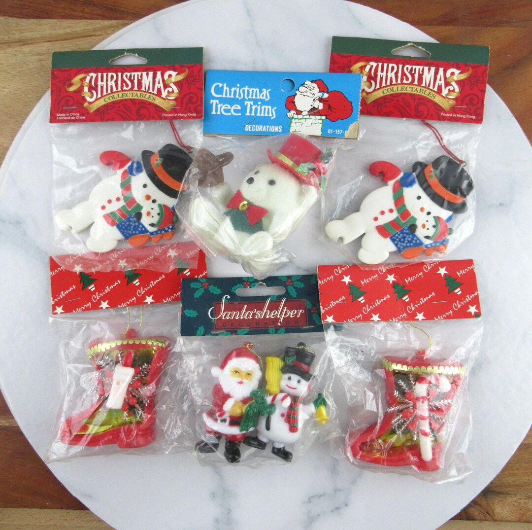 Lot of Vintage Christmas Tree Ornaments New in Pack, Snowman, Bear, NOS ...