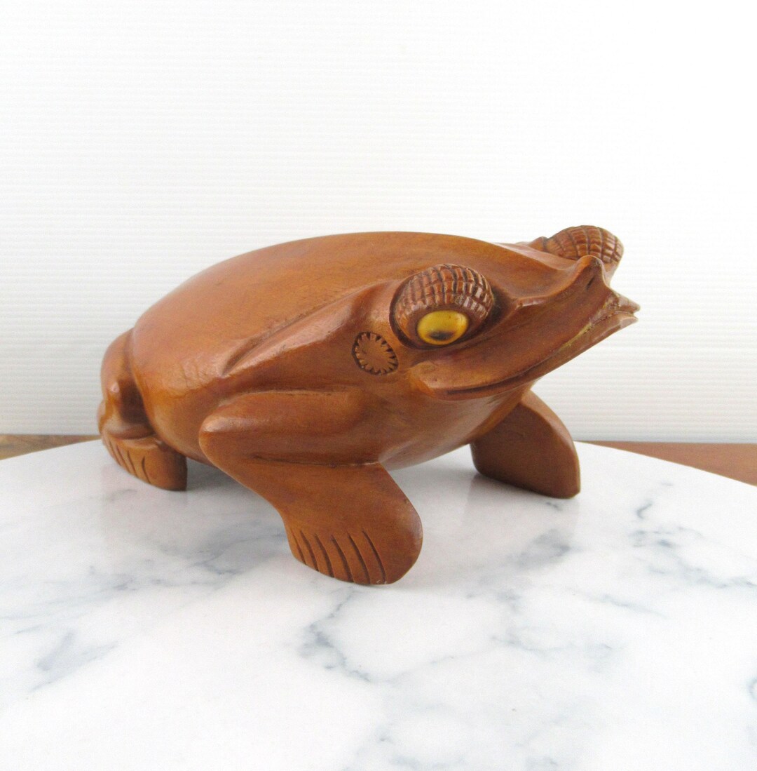 Vintage Hand Carved Wooden Frog Figure With Shell Operculum Eyes ...