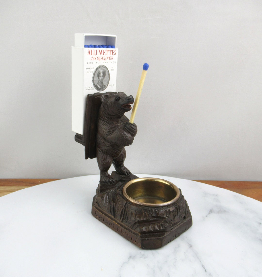 Antique Black Forest Hand Carved Wooden Bear Matchbox Holder, Vintage ...