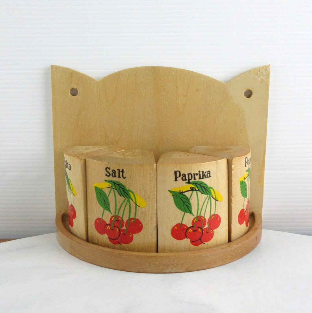 Vintage Wooden Spice Rack With 4 Wooden Jar Shakers, Cherry Design ...