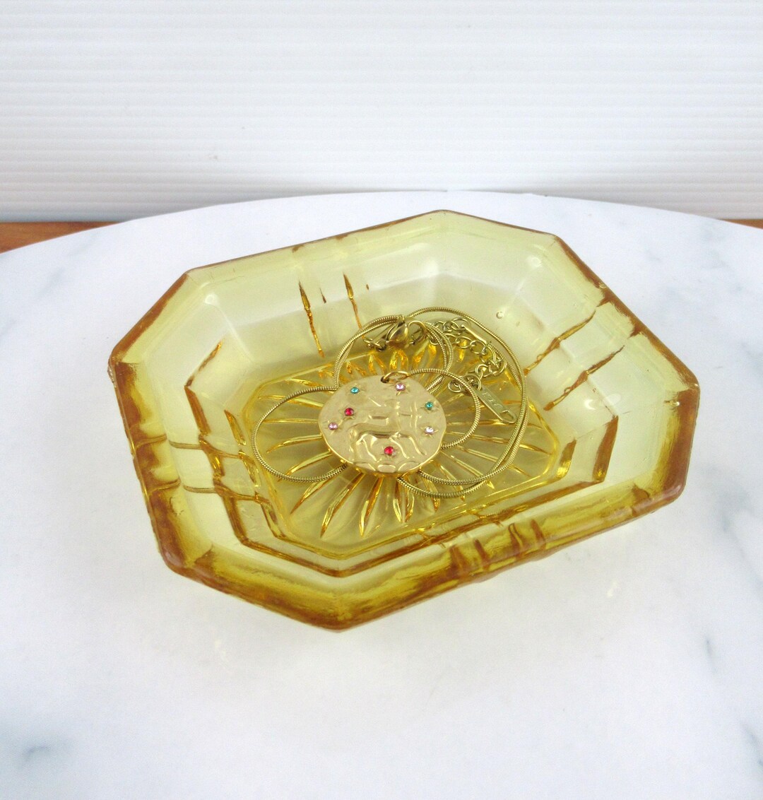 Small Vintage Art Deco Amber Glass Pin Dish, Ring Holder Tray, Glass ...