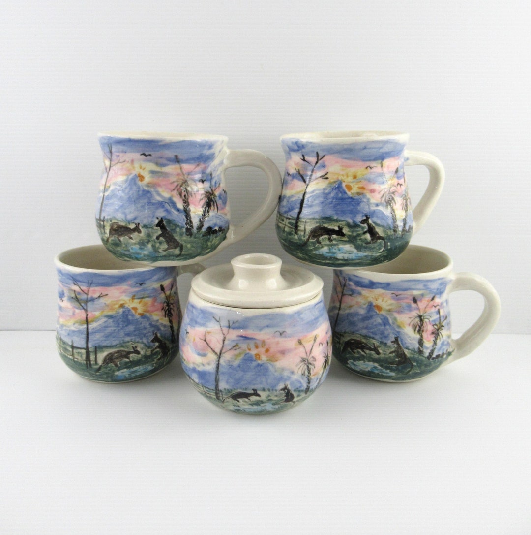 Set of 4 Vintage Australian Pottery Mugs With Matching Sugar Pot, Hand ...