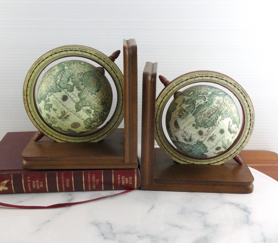 Pair of Vintage Old World Globe Wooden Bookends , Spinning Globes ...