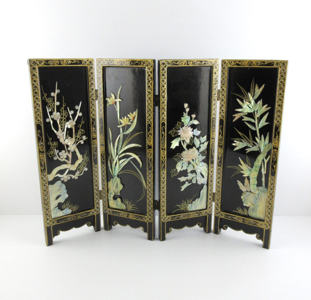 Vintage Chinese Black Lacquer 4 Panel Folding Table Top Divider Screen ...