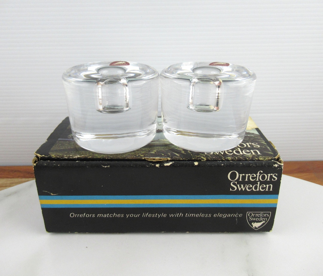 Pair of Vintage Orrefors Swedish Glass Puck Candlestick Holders in Box ...