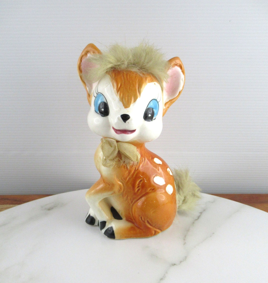 Vintage Ceramic Fawn Deer Money Box With Fur, Made in Japan, Mid ...