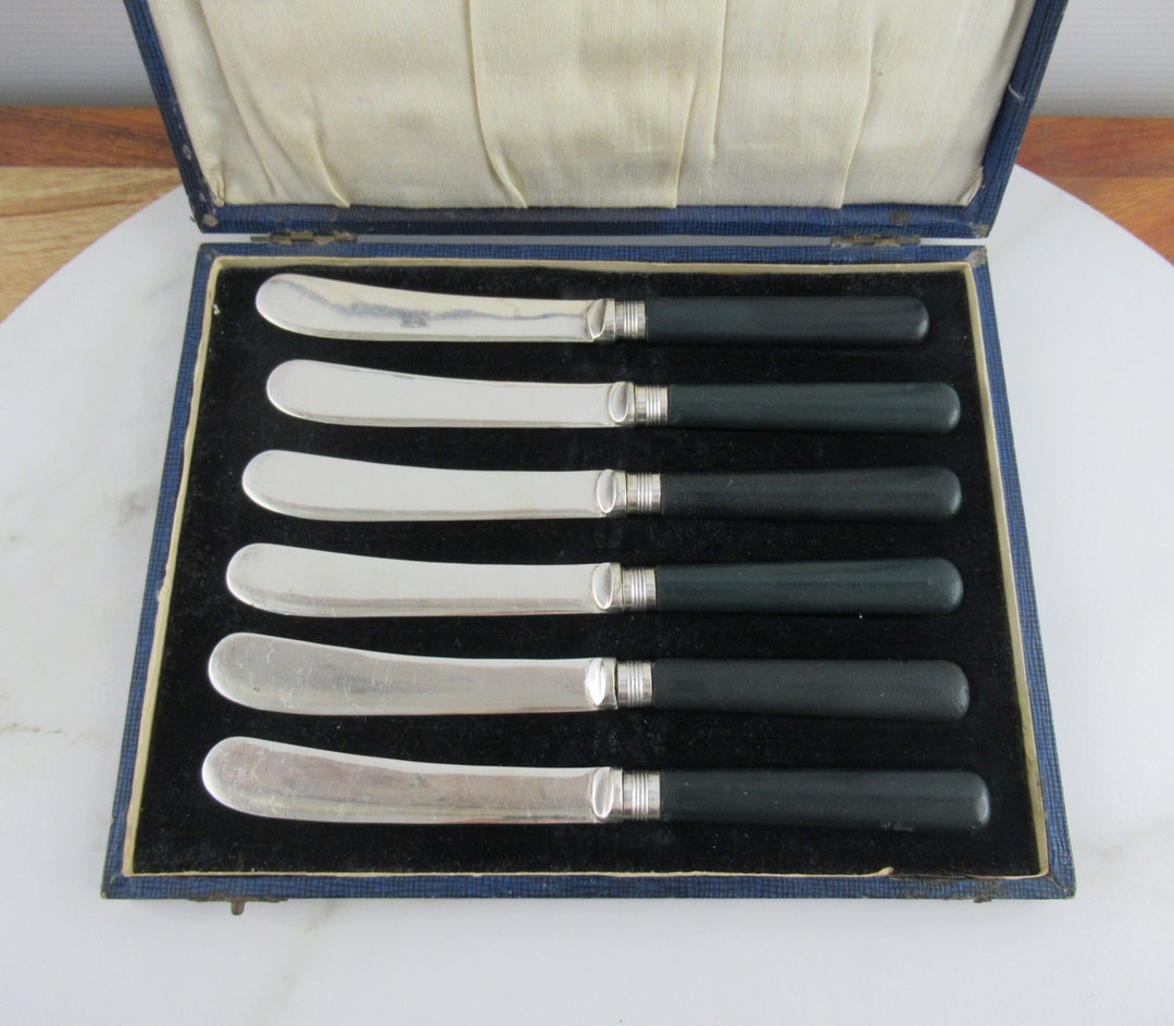 Set of 6 Vintage Silver Plated Dessert Knives With Dark Green Handles ...
