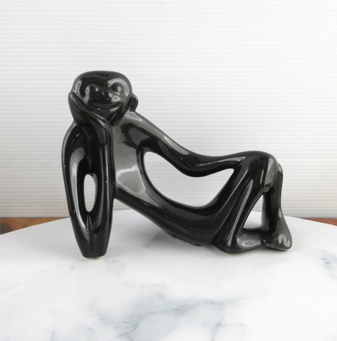 Vintage Mid Century Black Glazed Ceramic Pottery Stylized Monkey Figure ...
