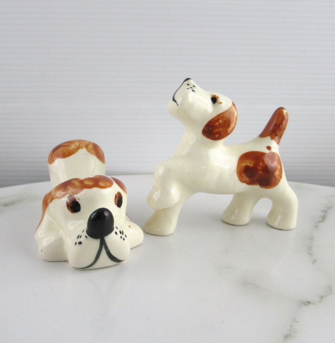 Pair of Small Vintage Ceramic Pottery Hound Dog Figurines, Hand Painted ...
