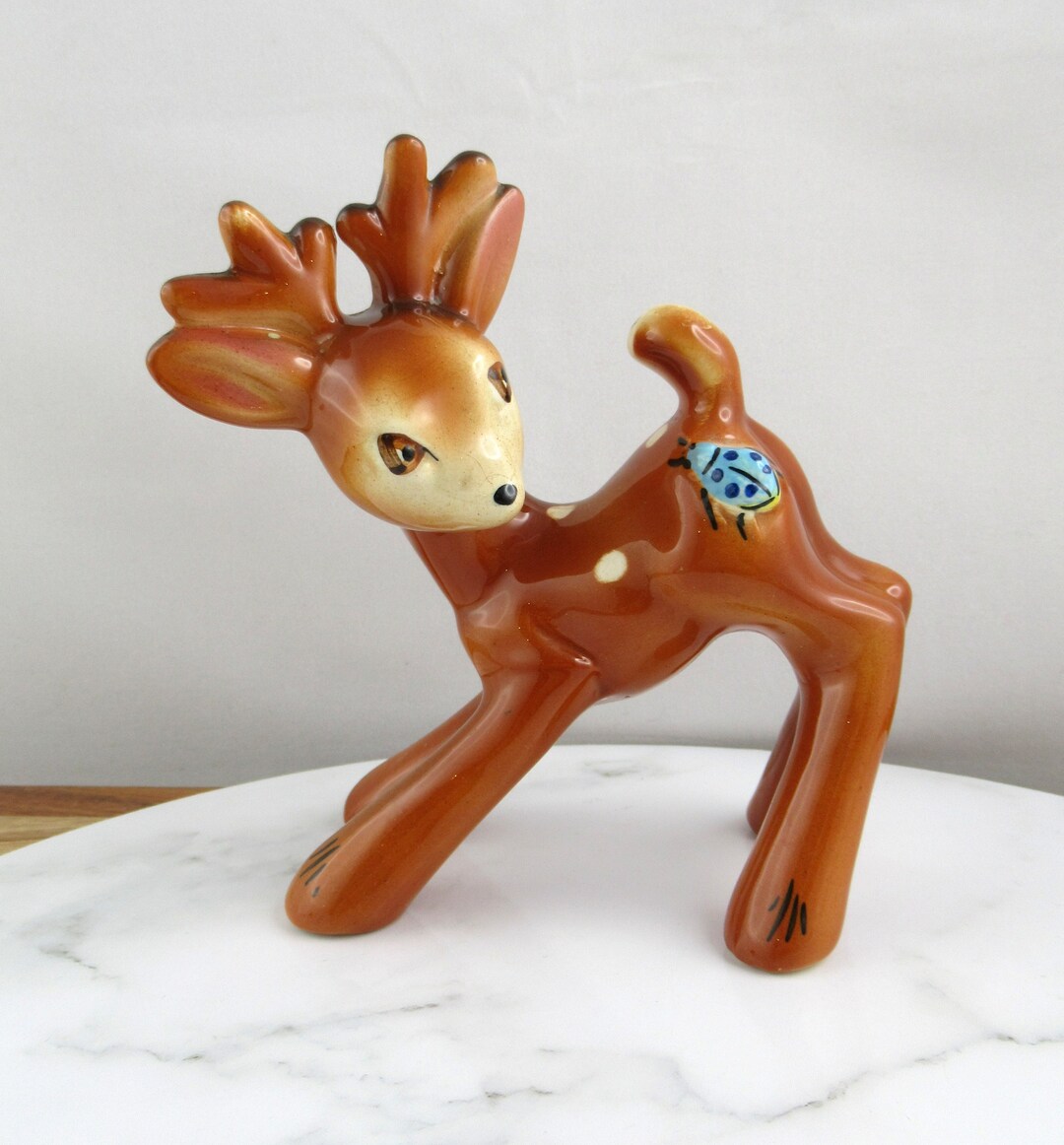 Large Vintage Ceramic Deer With Beetle Figurine, Spotted Fawn Figure ...