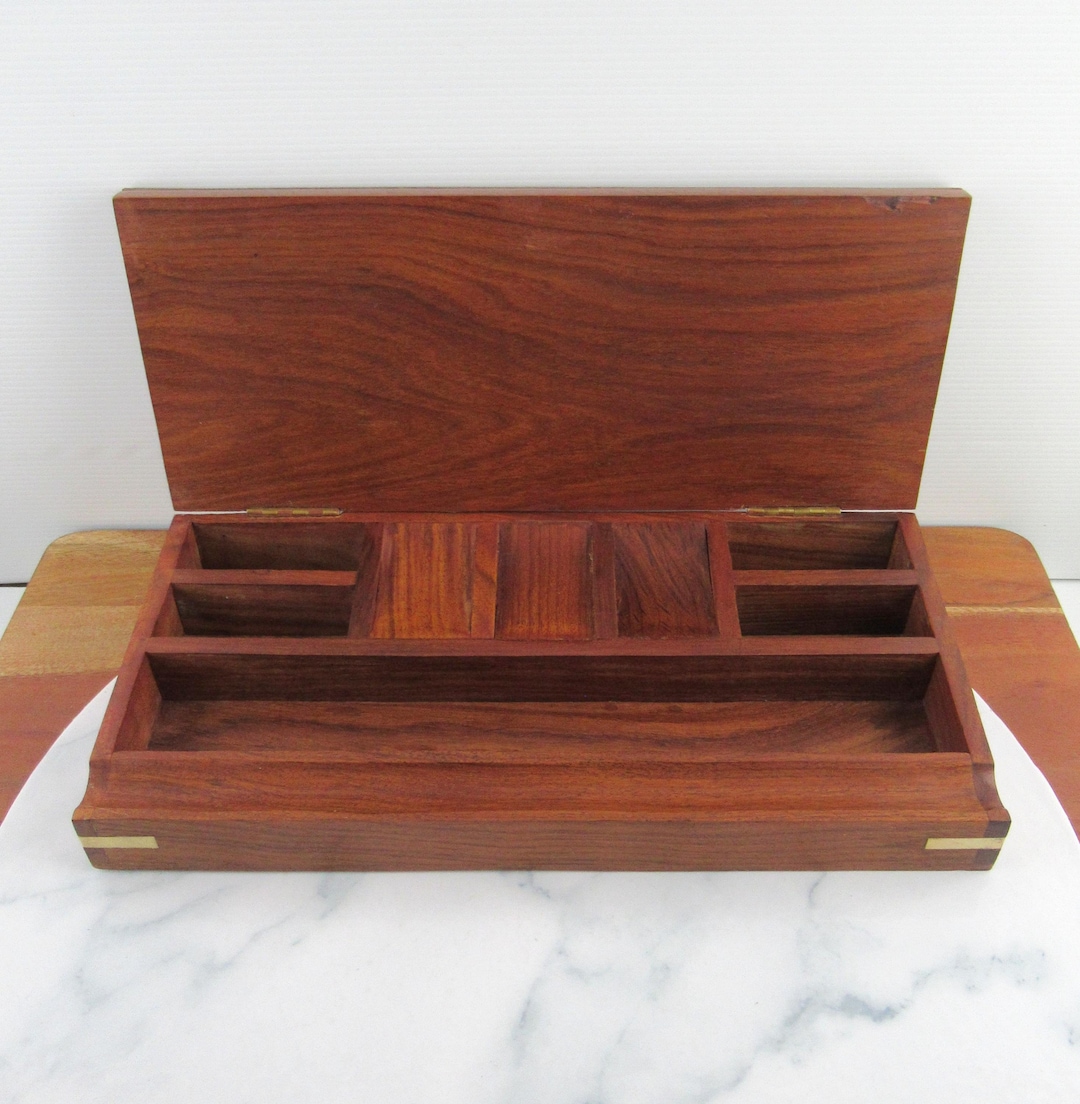 Vintage Wooden Desktop Stationery Box With Brass Accents, Desk Pen ...