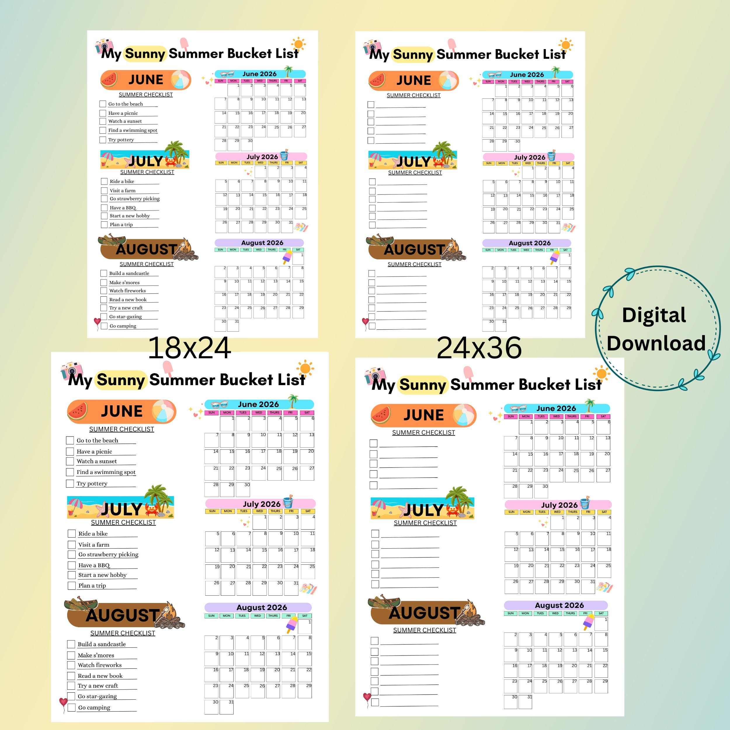 Summer Bucket List Poster | Fun Summer Checklist Wall Art | June July ...