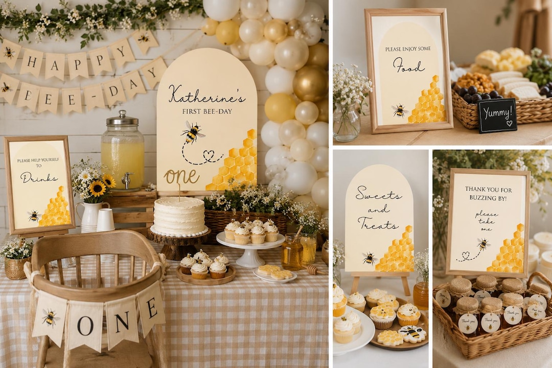 Bee First Birthday Party Bundle | Editable Canva Templates (digital ...