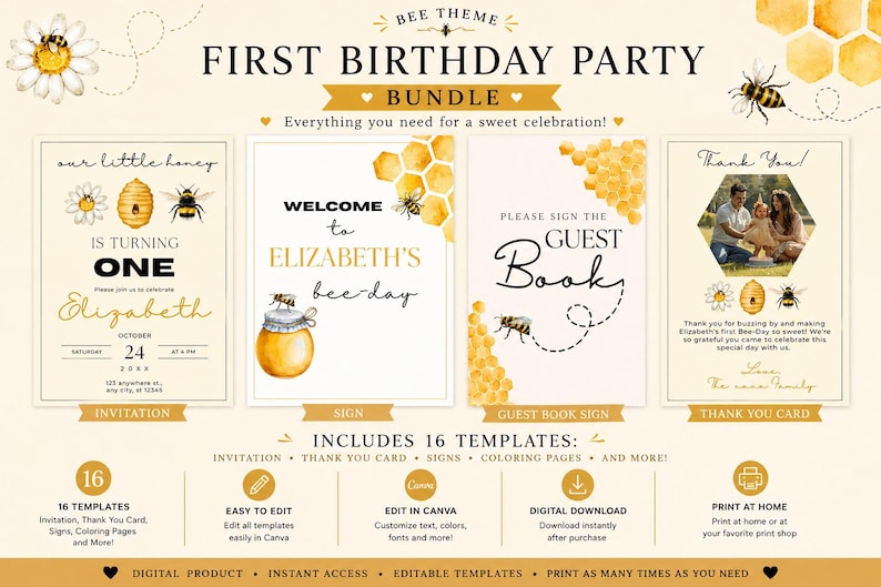 Bee First Birthday Party Bundle | Editable Canva Templates (digital ...
