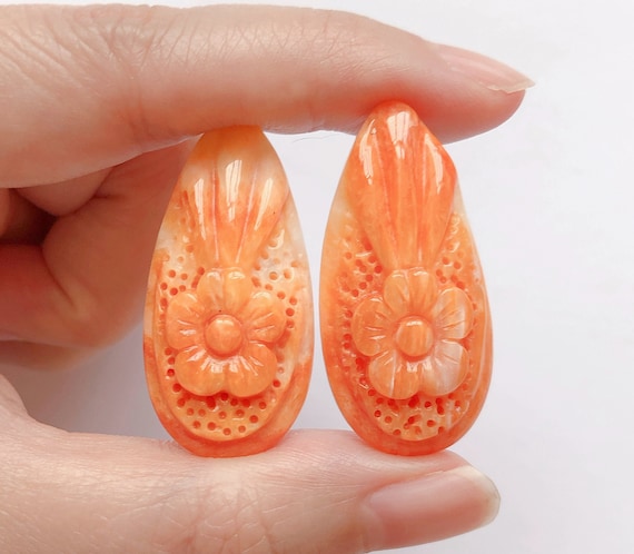 Orange Spiny Oyster Shell Hand Carved Flower Design Pear | Etsy