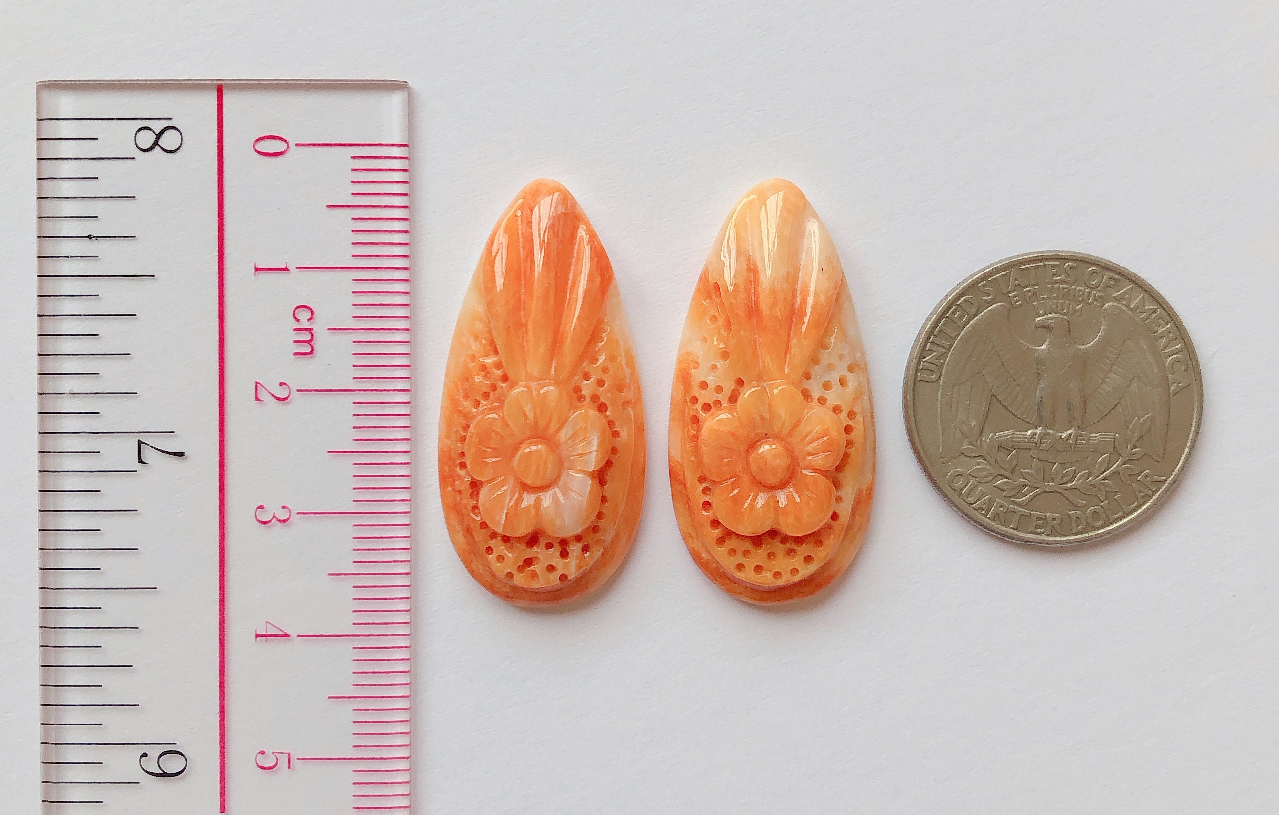 Orange Spiny Oyster Shell Hand Carved Flower Design Pear | Etsy