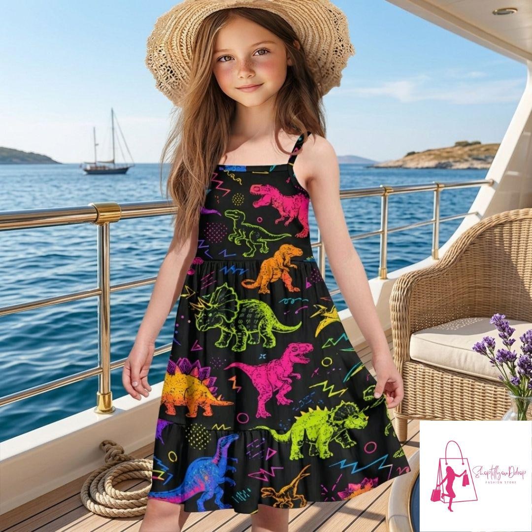 Girls Neon Dinosaur Dress, Dinosaur Tropical Suspender Dress for Girls ...