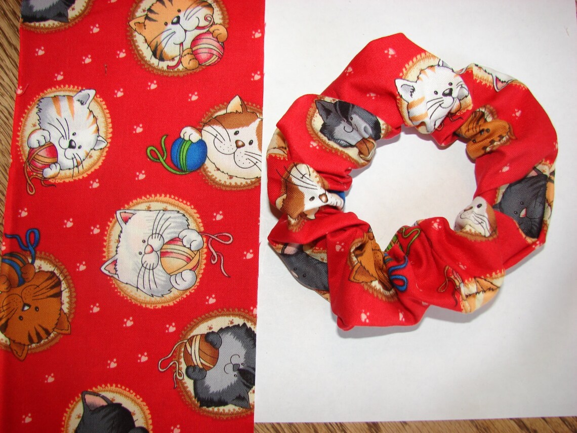 Cat Feline Red Fabric Hair Scrunchie, Womans Scrunchies, Cat Lovers ...