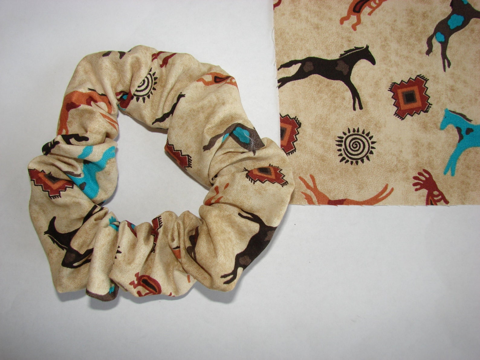 Colorful Southwestern Horses Tan Fabric Hair Scrunchie, Women's ...