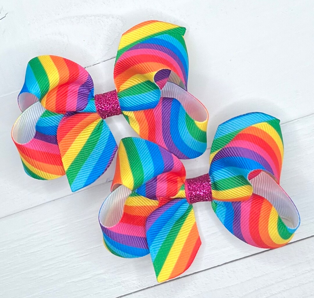 Rainbow Pigtail Hair Bow, Hair Bows, Girls Bow, Bright Hair Bow, Small ...