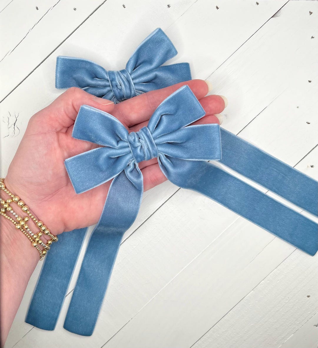Long French Blue Velvet Hair Bow, Hair Bows, Back to School Uniform Bow ...