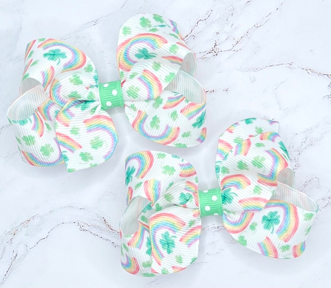 Lucky Clover Rainbow Hair Bows, Hair Bows, St Patricks Day Bow for ...