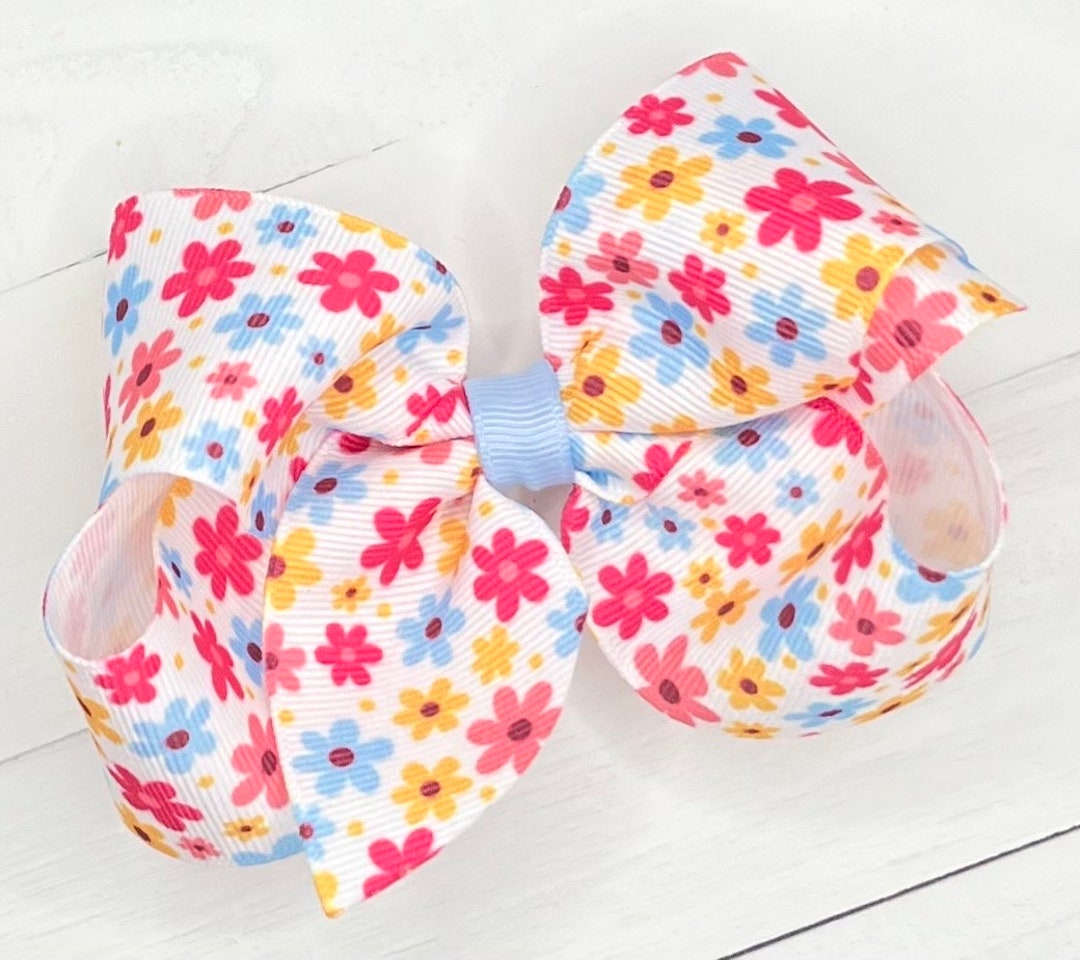 Daisy Hair Bow, Hair Bows, Pink Flower Bow, Yellow Floral Bow, Farm ...