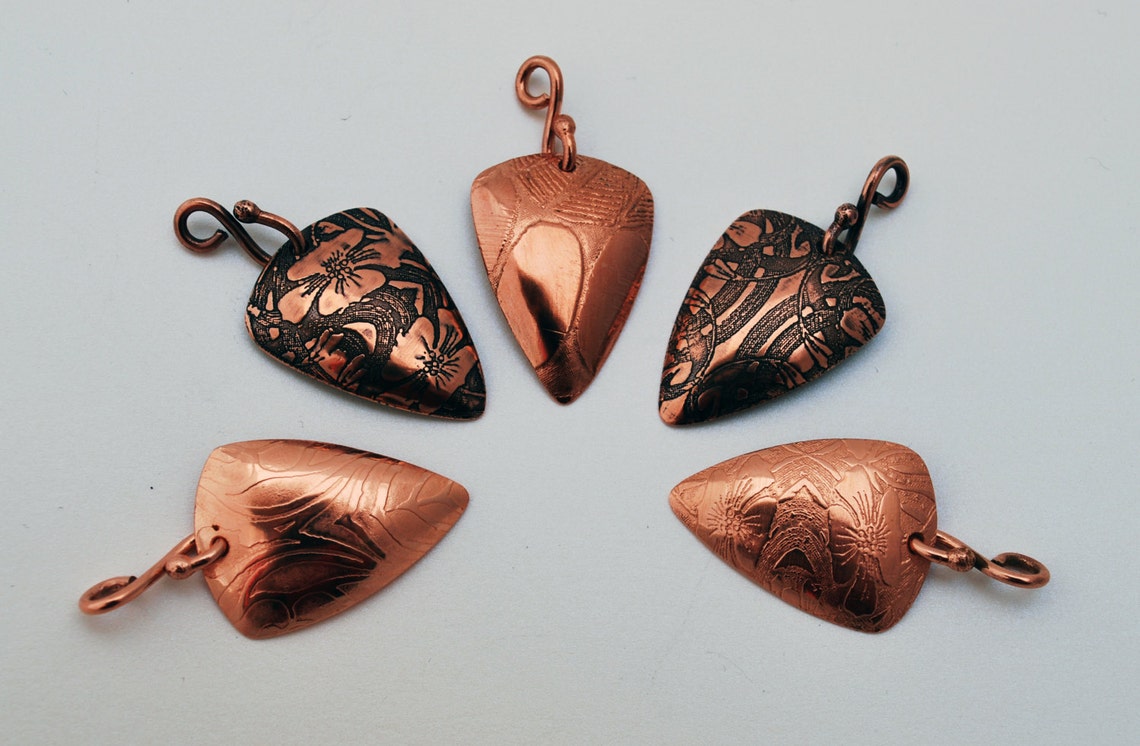 Etched Symmetrical Swirl Copper Triangle Pendant, Oxidised and Domed - Etsy
