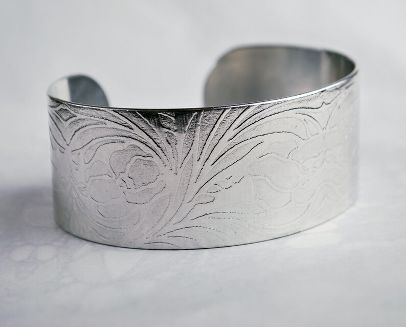 Embossed Flower Cuff, Silver Tone Aluminium, Iris Flower Design, Floral ...