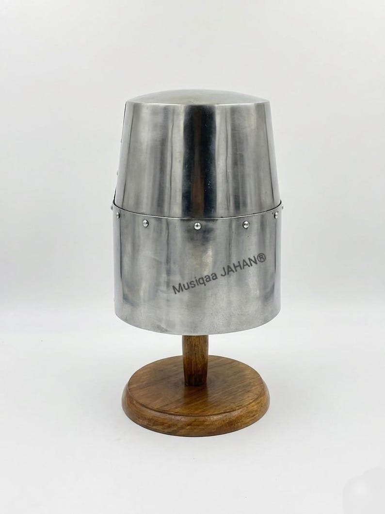 Medieval Knight Helmet Replica With Brass Accents on Wooden Stand ...