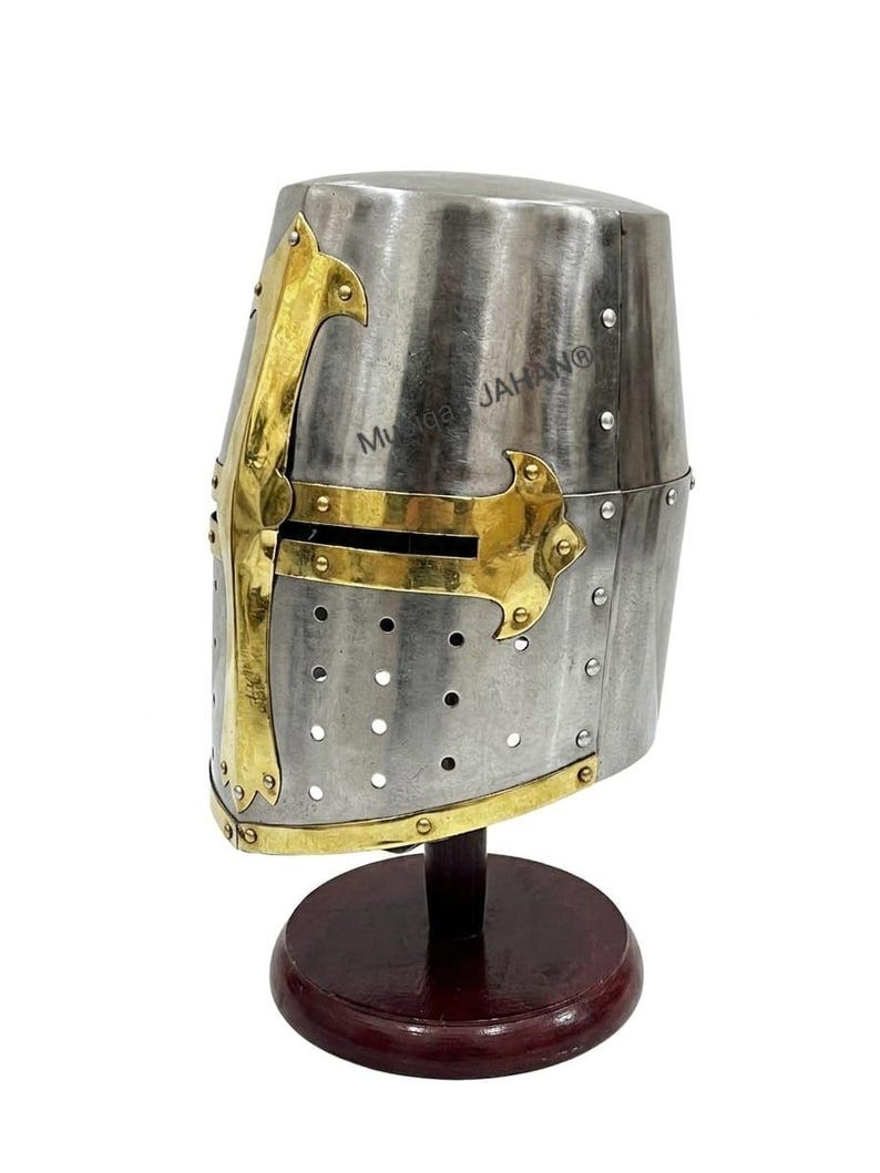 Medieval Knight Helmet Replica With Brass Accents on Wooden Stand ...